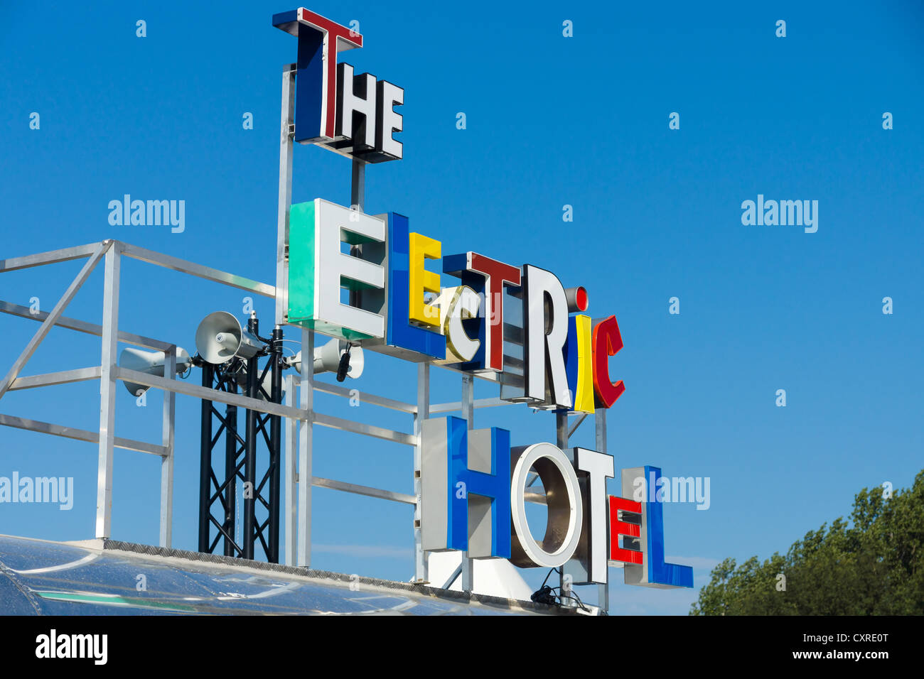 A sign "The electric hotel" - ecological power plant Stock Photo - Alamy