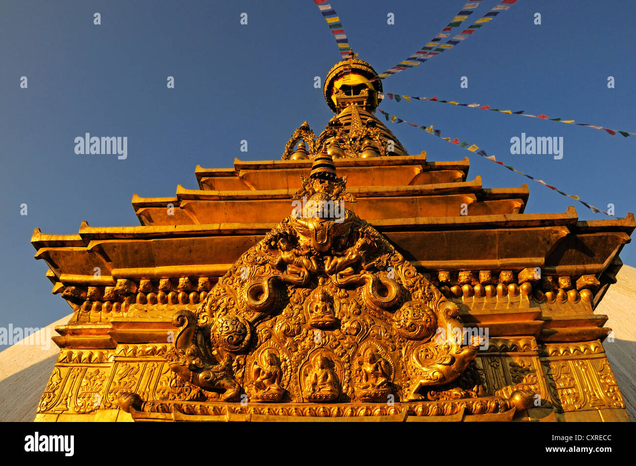 Buddha statues on the golden harmika, Swayambhunath Stupa, Kathmandu ...