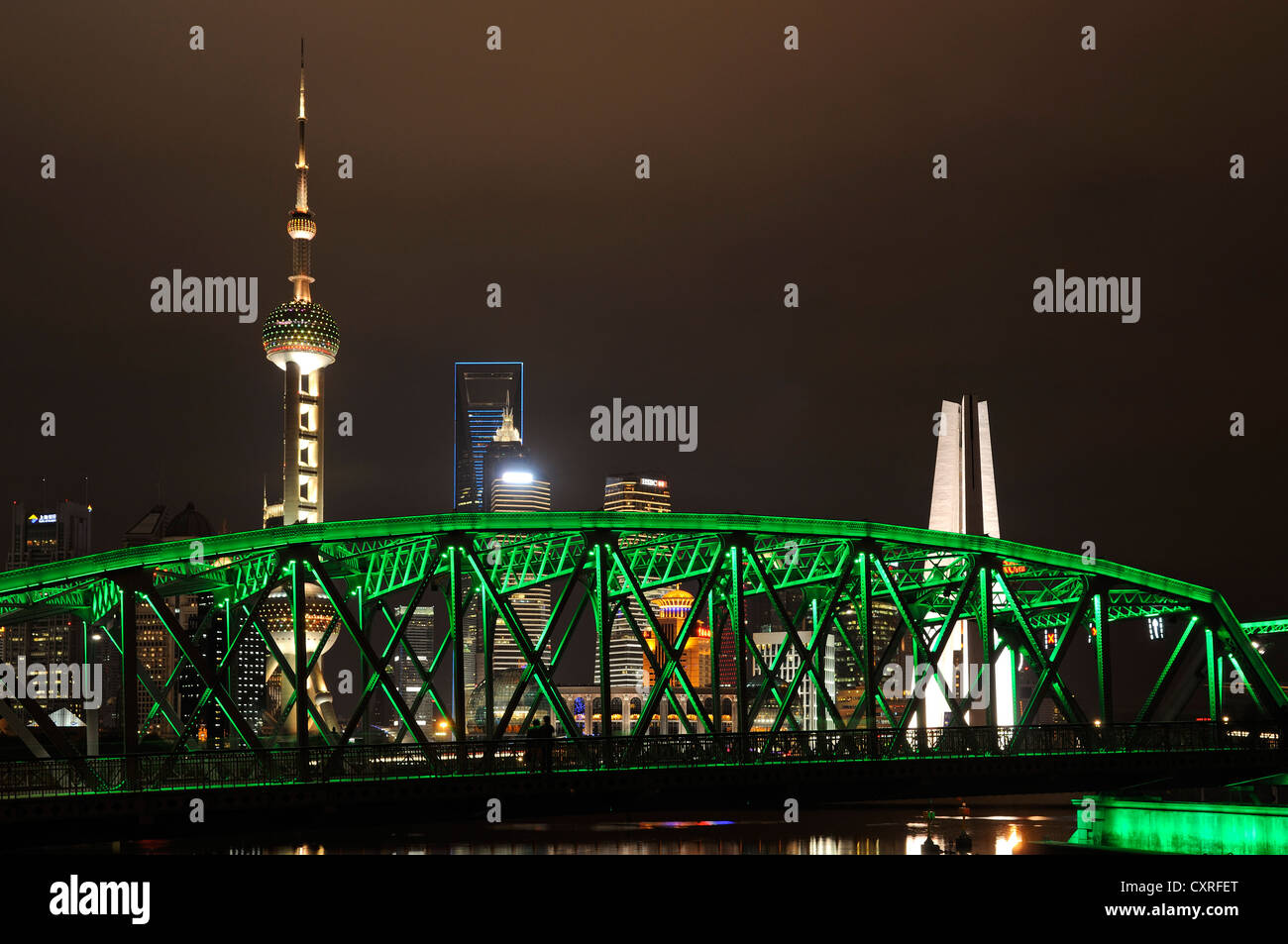 Waibaidu Bridge, Oriental Pearl Tower, skyline on the Bund promenade ...