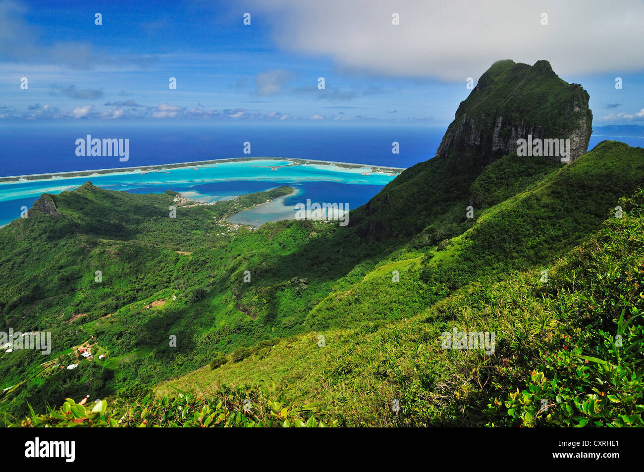 Vew of the reef, atoll, Motu and Mount Otemanu from Mount Pahia, Bora ...