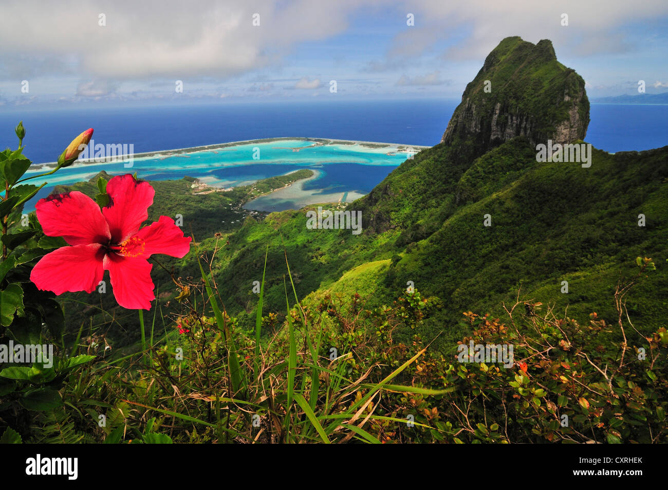 View of the reef, atoll, Motu and Mount Otemanu, from Mount Pahia, Bora ...
