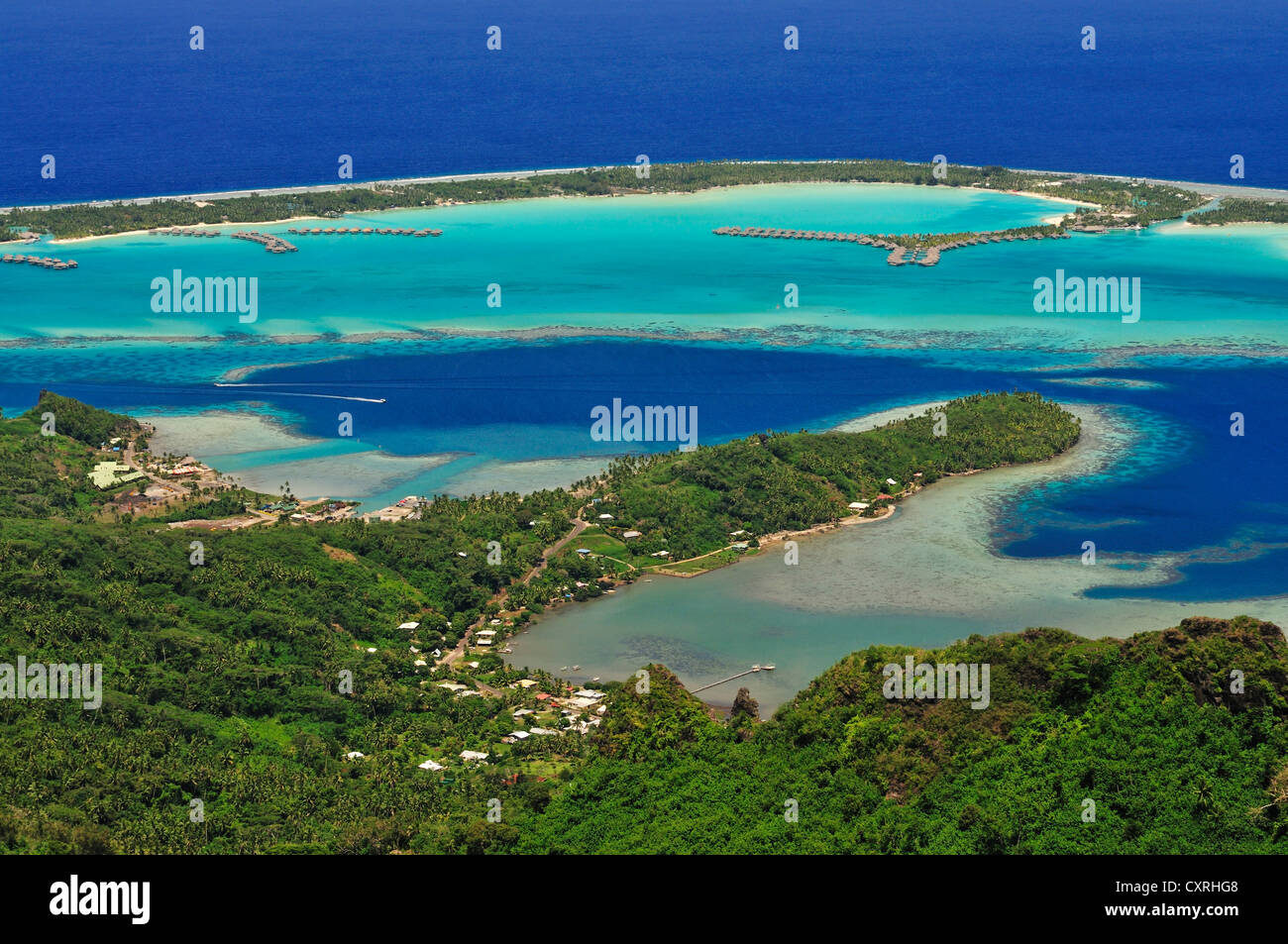 View of the reef, atoll, St. Regis and the Four Seasons Hotel, Bora ...