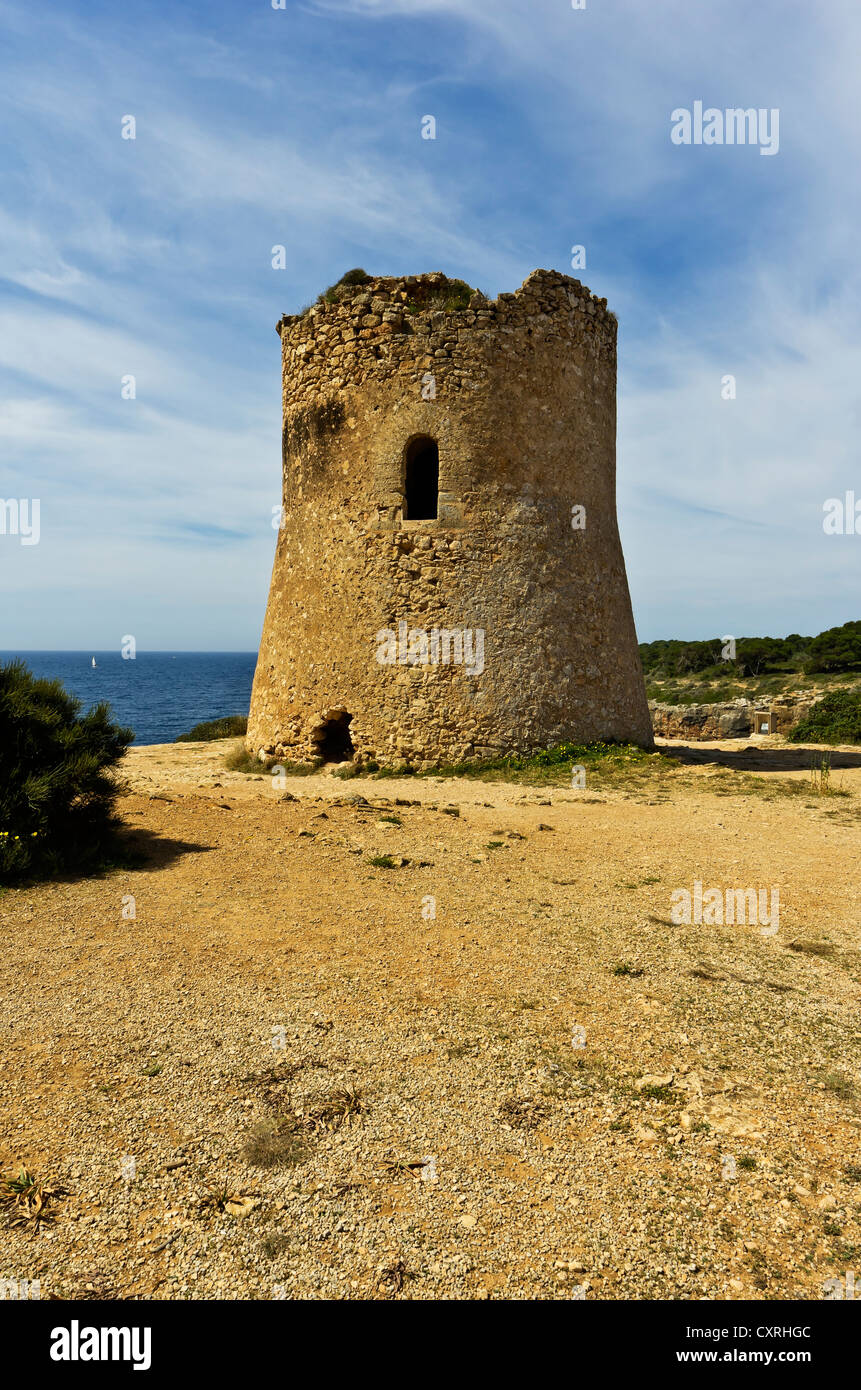 Medieval watchtower on the coast, Cala Pi, Majorca, Balearic Islands ...