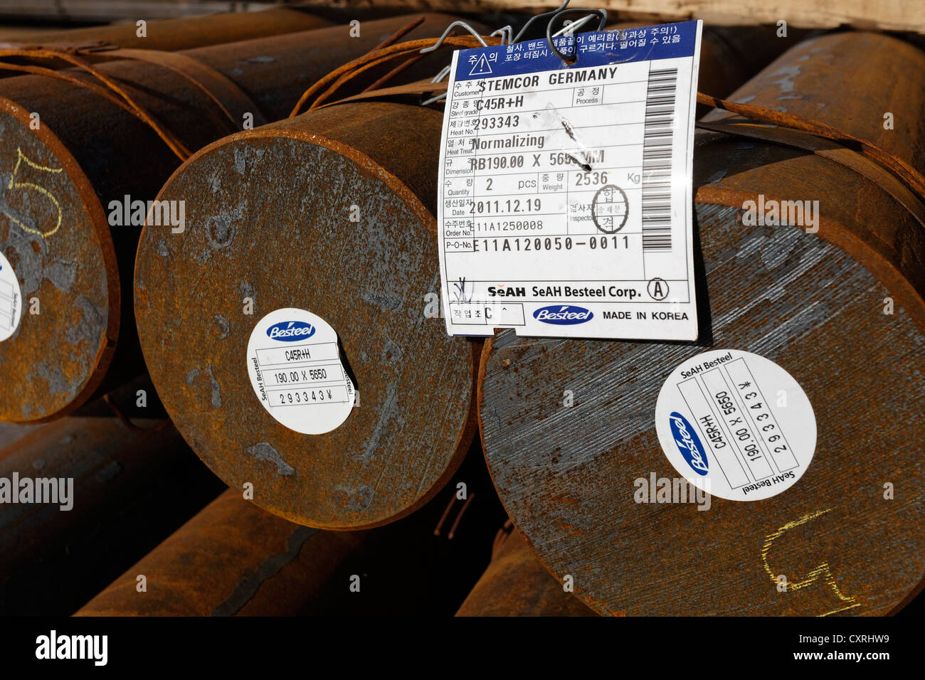 Round steel from Korea with label, storage yard of a steel trader, Port ...