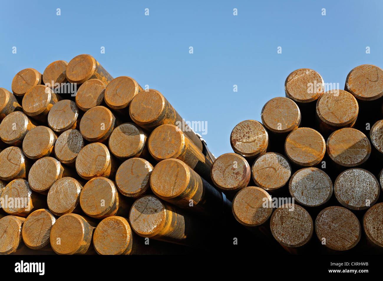 Round steel bars, storage yard of a steel trader, Port of Neuss ...