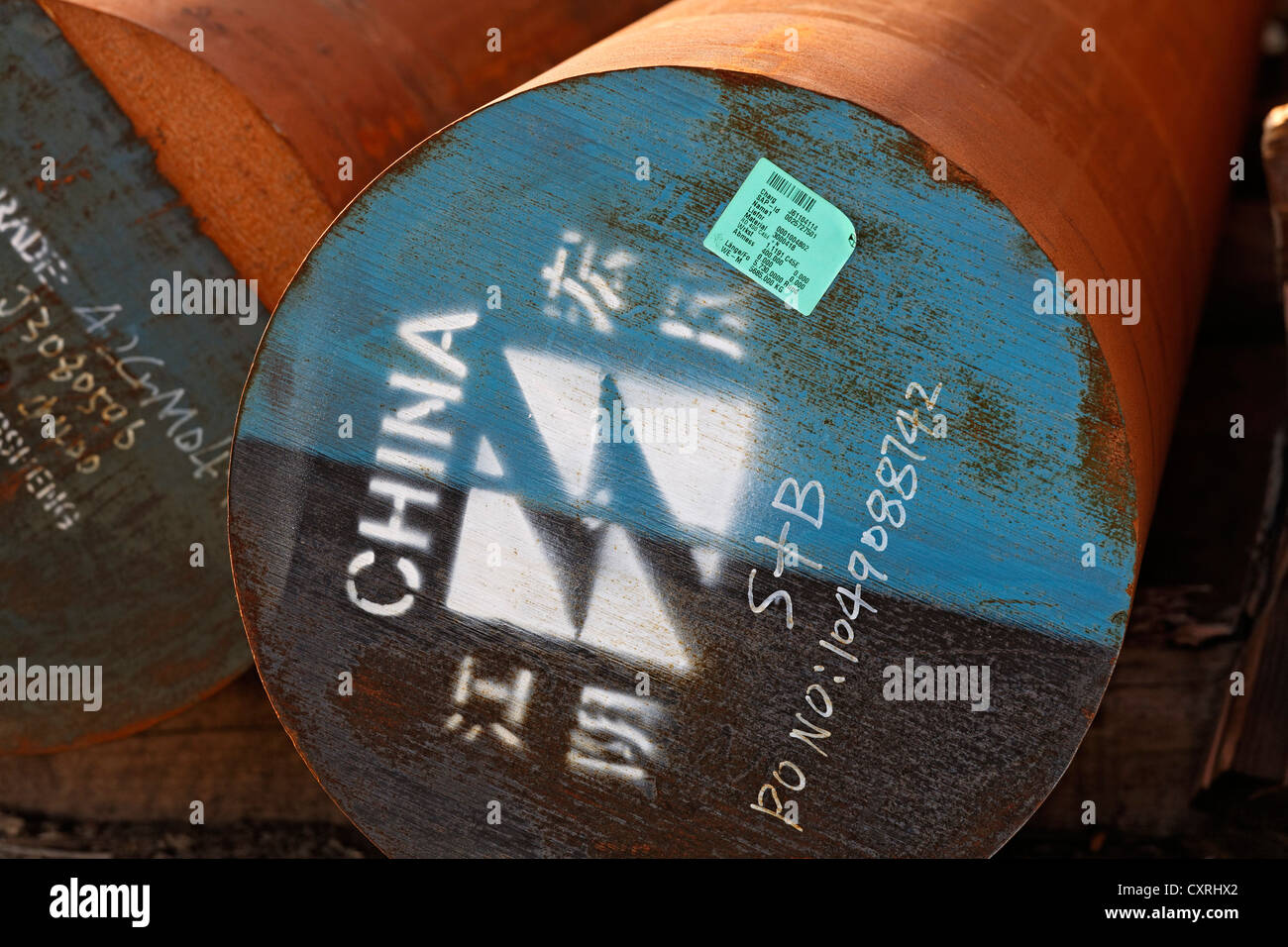 Round steel from China, storage yard of a steel trader, Port of Neuss ...