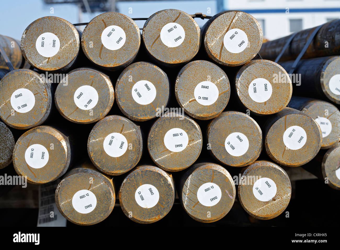 Round steel bars from Sweden, storage yard of a steel trader, Port of ...