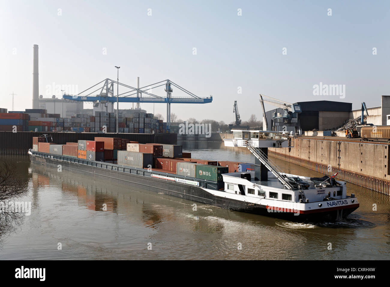 Container ship sailing into the harbour, Port of Neuss-Duesseldorf ...