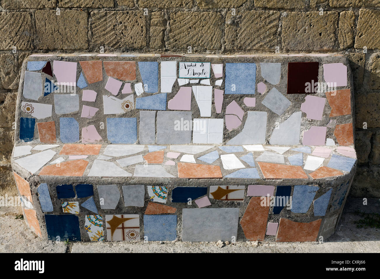 Bench made of broken ceramic tiles, Sant'Angelo, Serrara Fontana ...