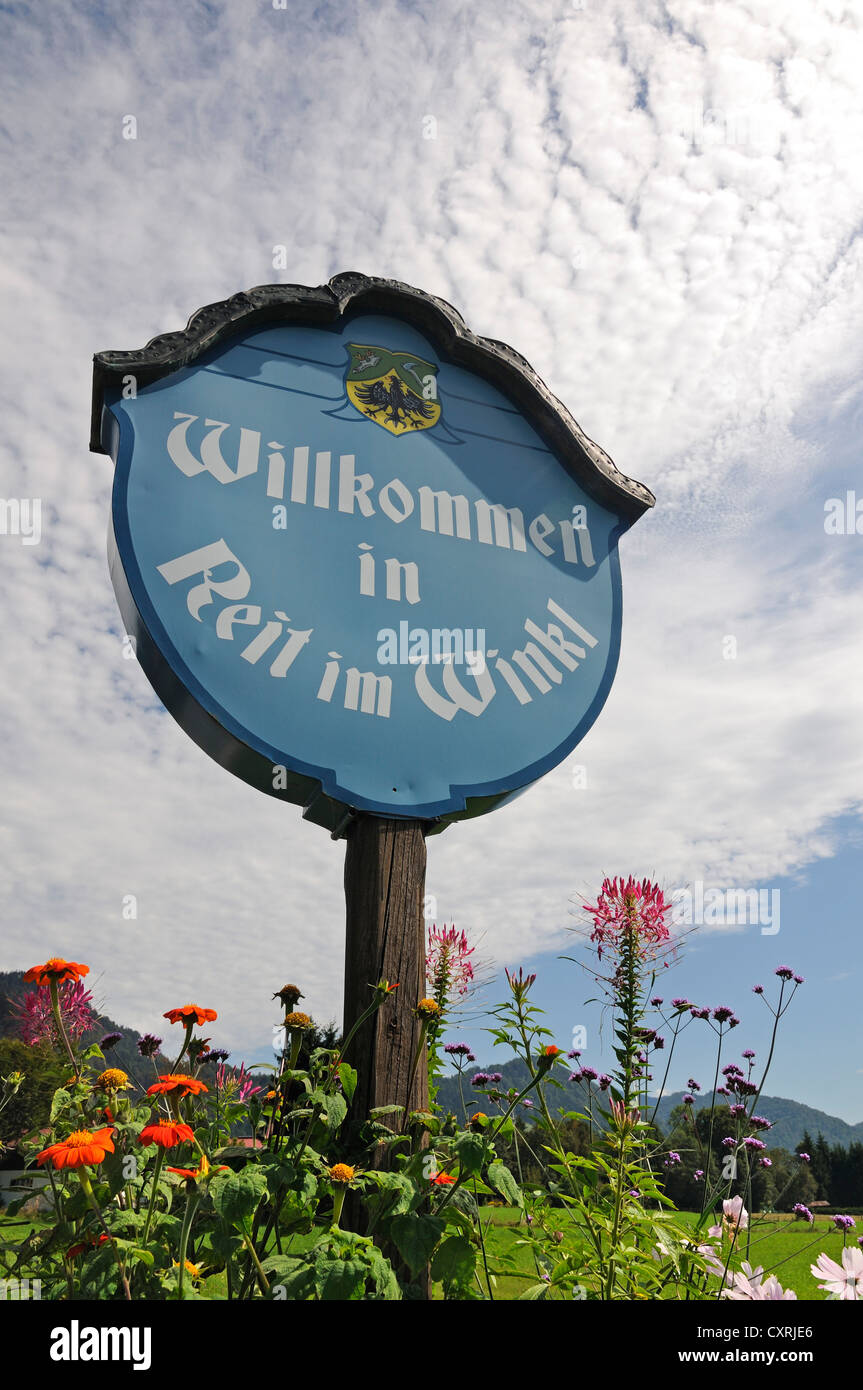 Welcome sign, Reit im Winkl, Chiemgau, Upper Bavaria, Bavaria, Germany ...