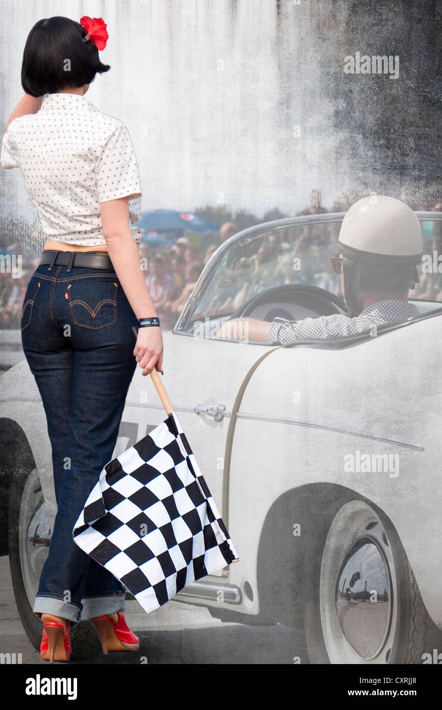 Starter girl standing next to a classic car, photo collage Stock Photo ...