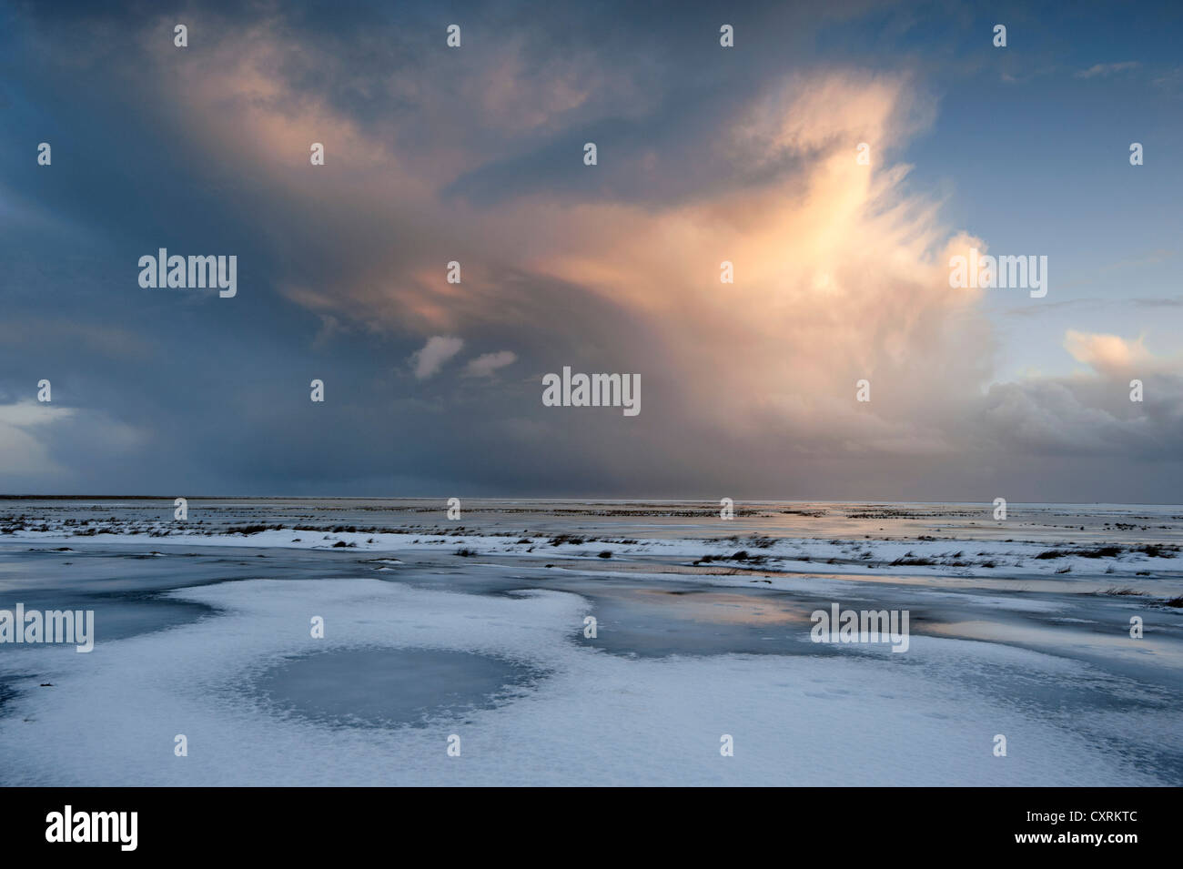 Cumulonimbus cloud over the snow-covered coastal landscape at dusk ...