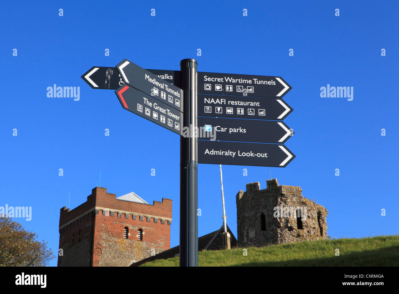 Dover Castle signpost with directions to visitor attractions Stock ...