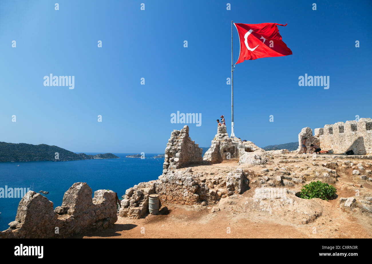 Byzantine castle of Kalekoey with a Turkish national flag, ancient city ...