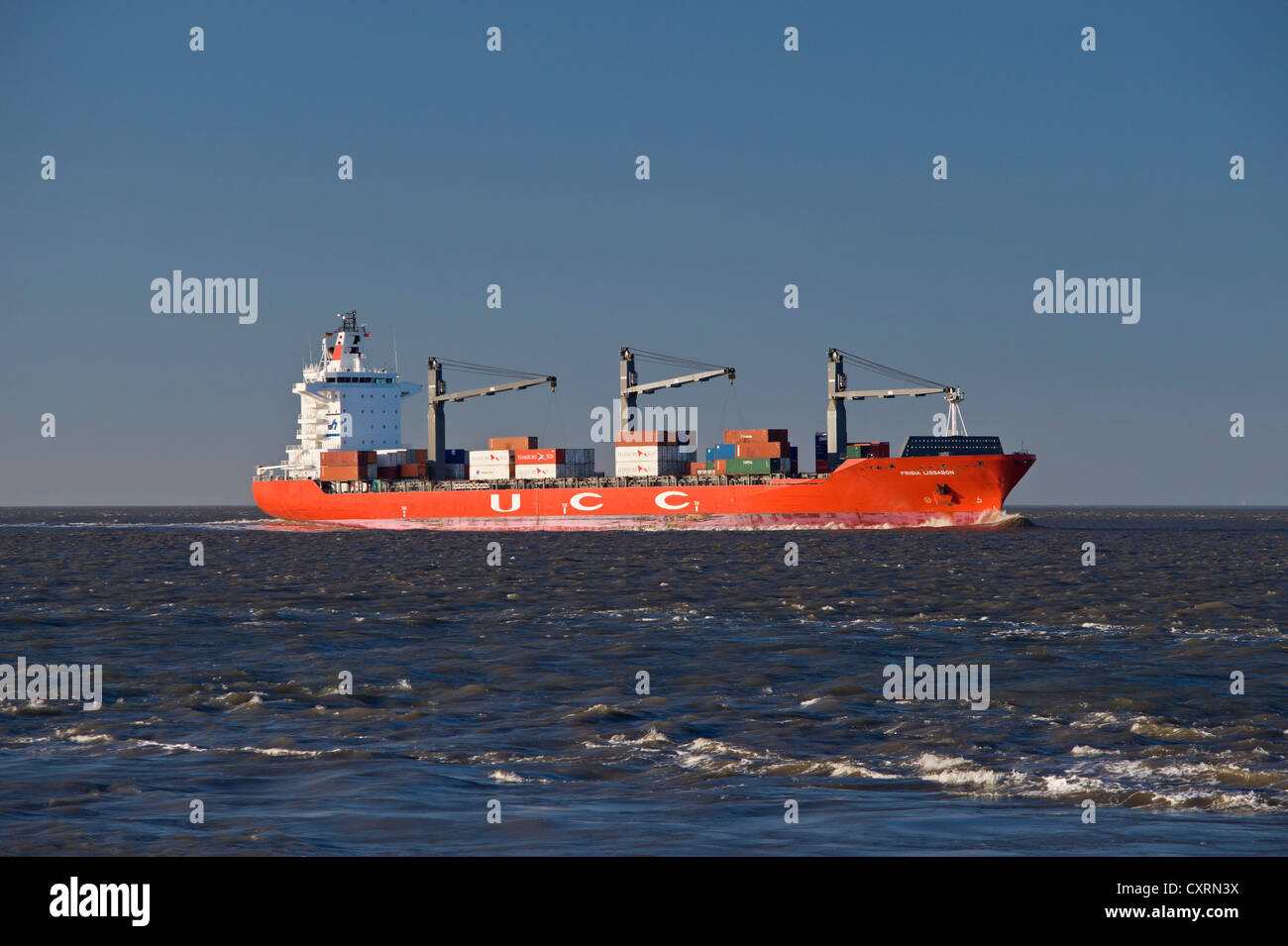 Container ship "Frisia Lissabon" in the Elbe estuary off Cuxhaven ...