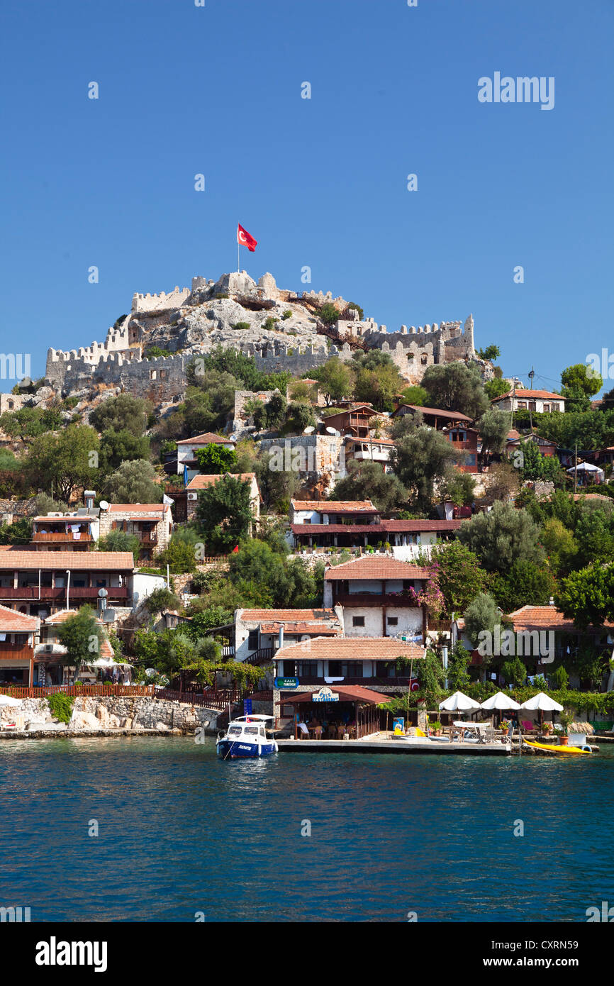 Byzantine castle of Kalekoey with a Turkish national flag, ancient city ...