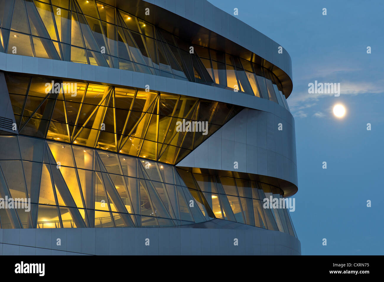 Moon, Mercedes-Benz Museum in the evening, illuminated, modern ...