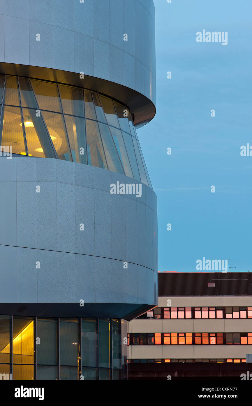 Mercedes-Benz Museum in the evening, illuminated, modern architecture ...