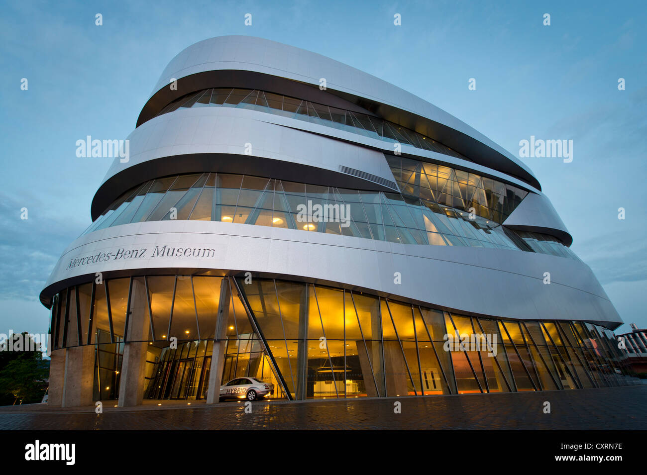 Mercedes-Benz Museum in the evening, illuminated, modern architecture ...