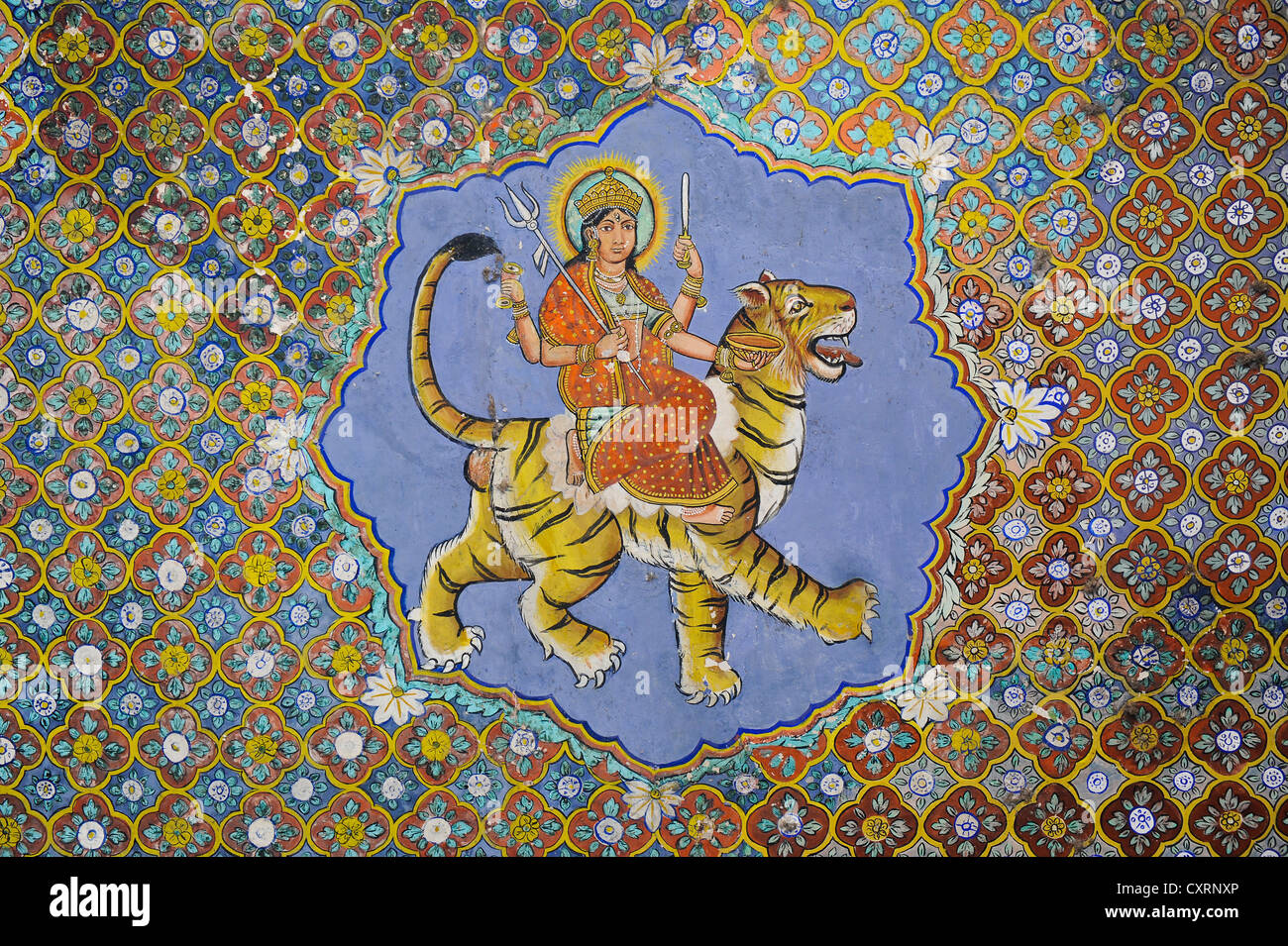 Mural, Kota-School, Hindu goddes Durga riding a tiger, Old Palace ...