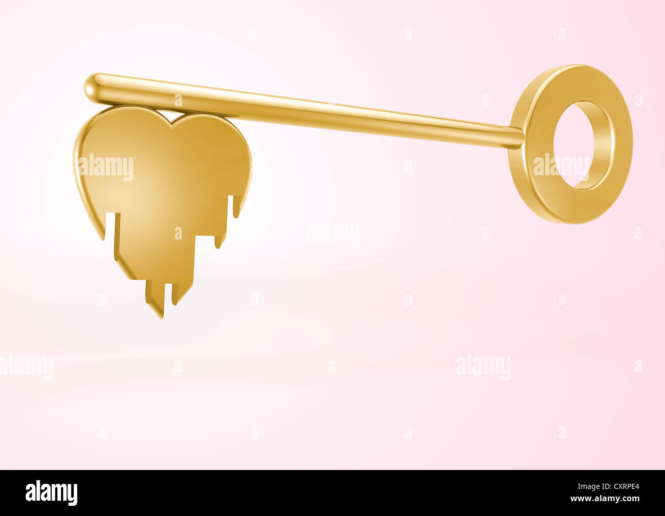 3D render of a gold key with heart symbol on it - on pink background ...