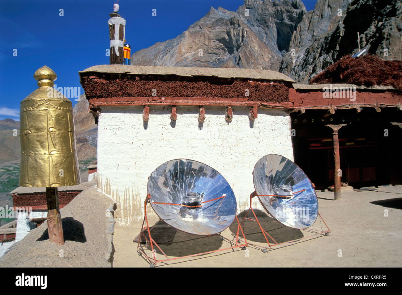 Water being heated using solar energy, rooftop terrace at Lingshed ...