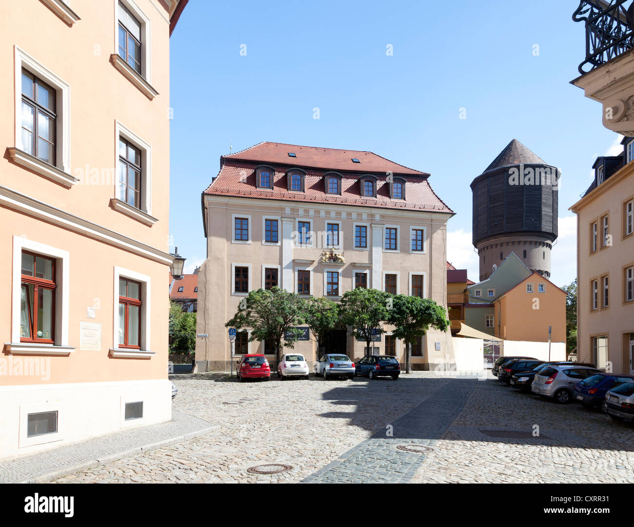 Gersdorfsches Palais palace, water tower at the Moenchskirche church ...