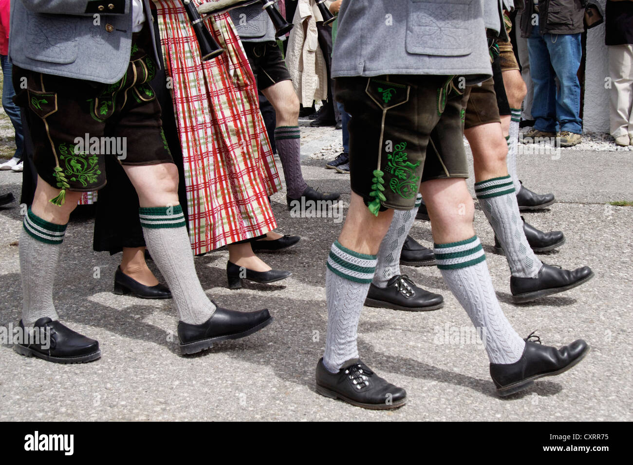 Upper Bavarian brass band, men and woman wearing traditional dress ...
