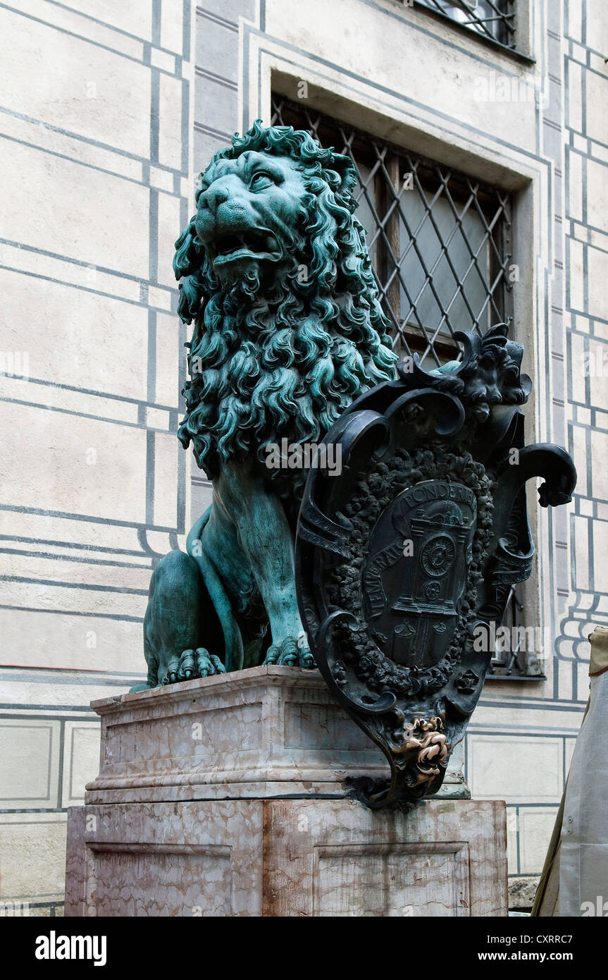 Bavarian lion, bronze sculpture with plaque at the side entrance to the ...