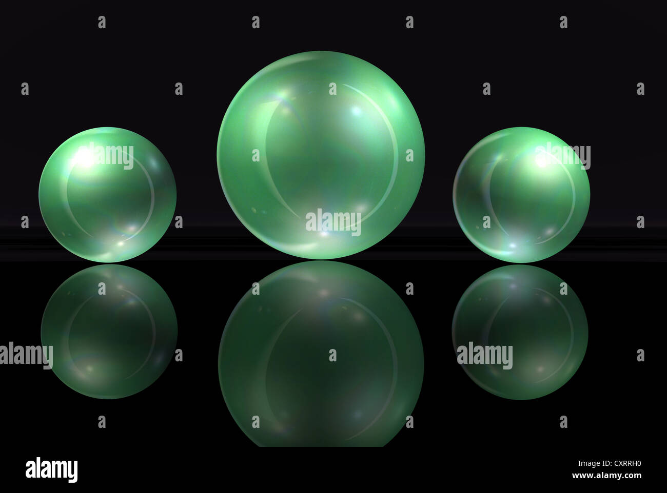 Marble shapes with colors against a black background and reflected in ...