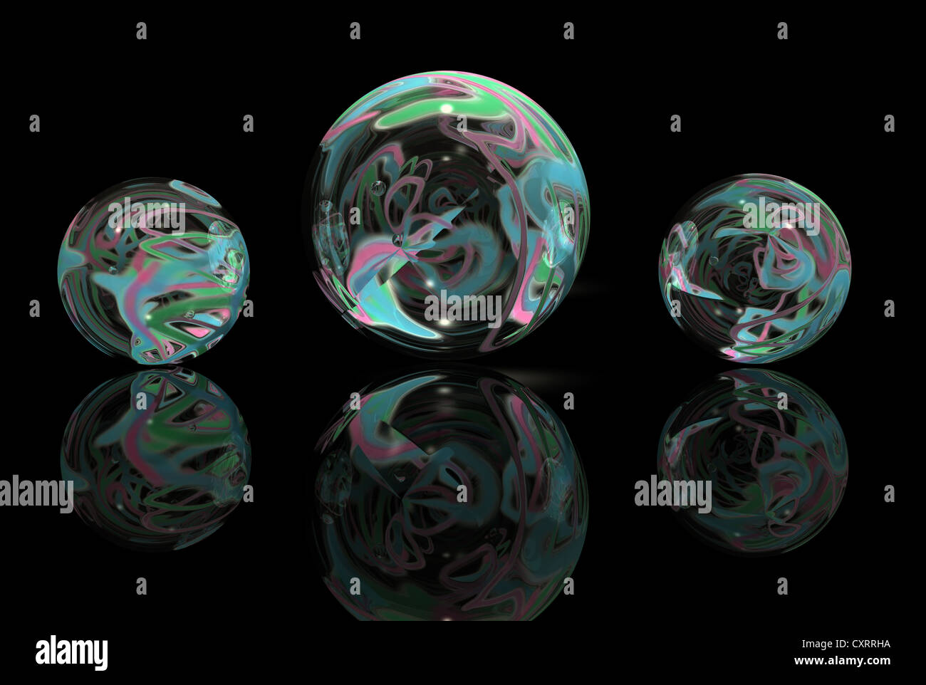 Marble shapes with colors against a black background and reflected in ...