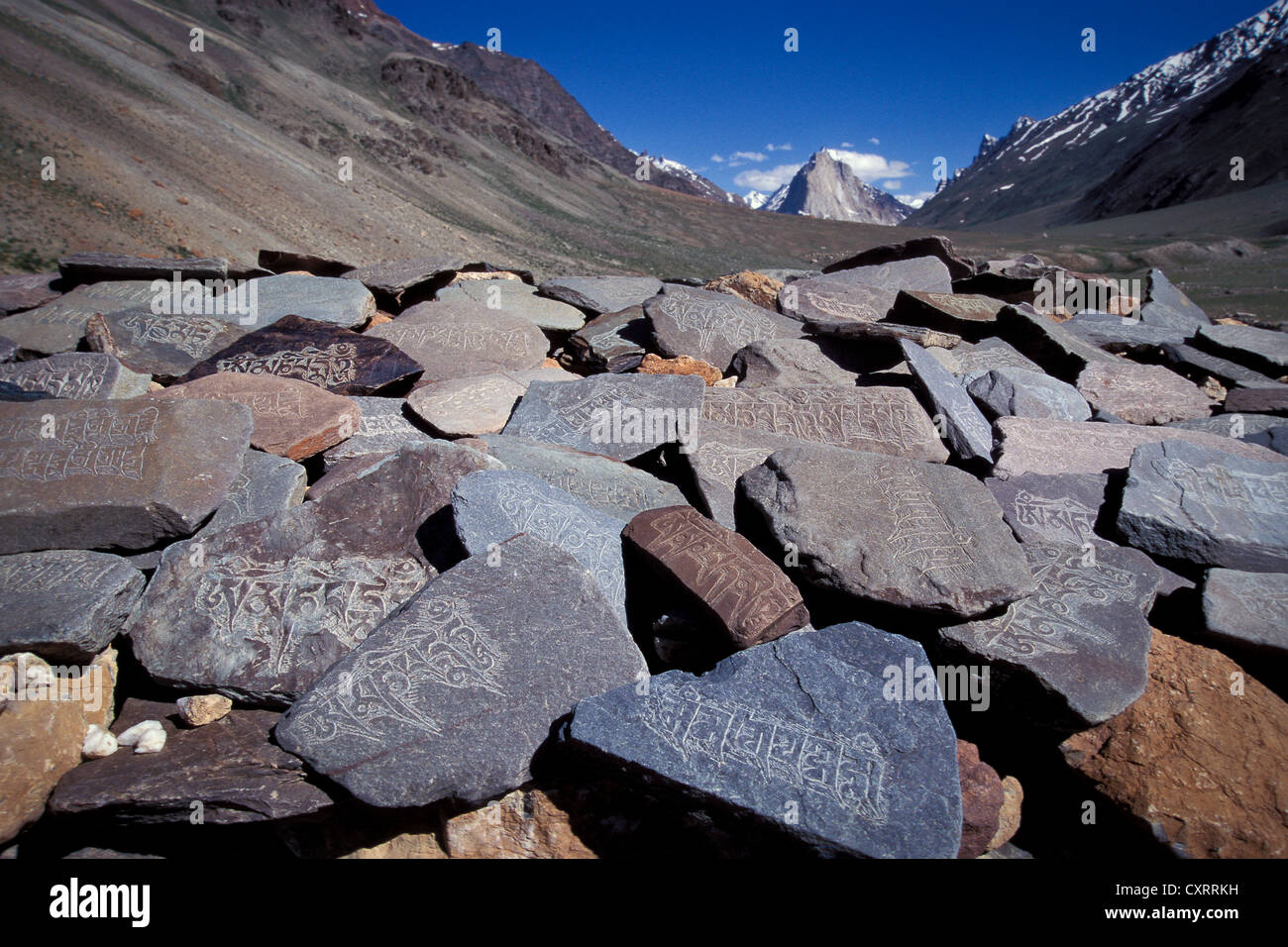 Mani stones, mani wall, Zanskar Valley near the village of Kargyak, Mt ...