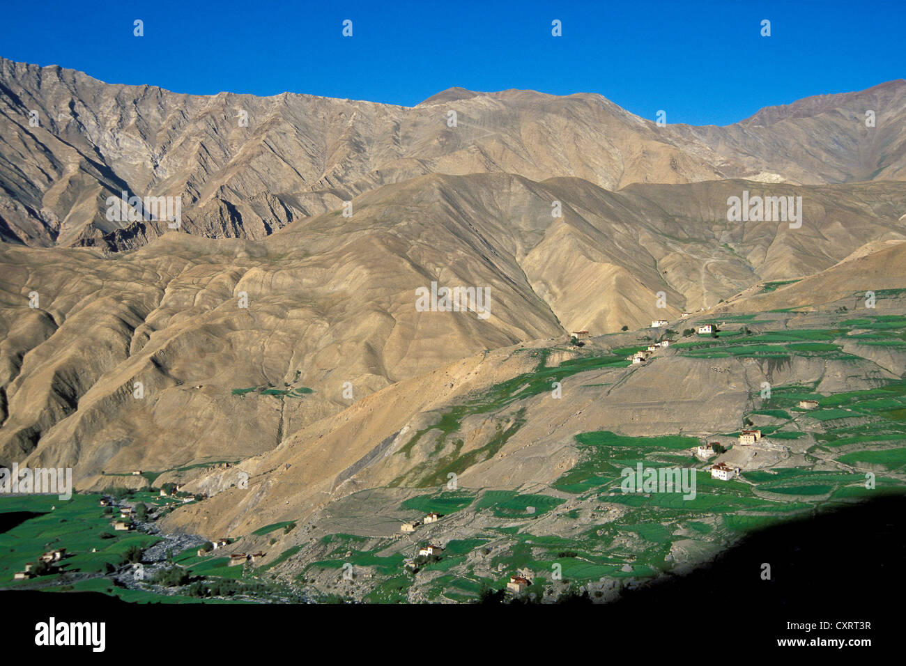 Fields and buildings, mountain ridge, Lingshed, Zanskar, Ladakh, Jammu ...