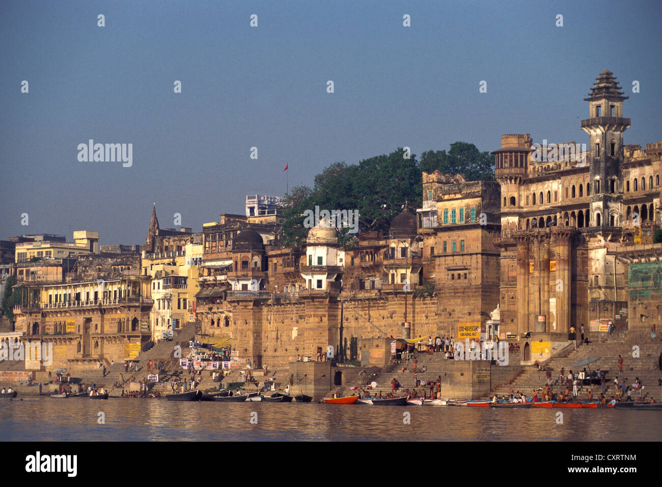 Ghats, holy stairs leading down to the Ganges River, cityscape, Kashi ...