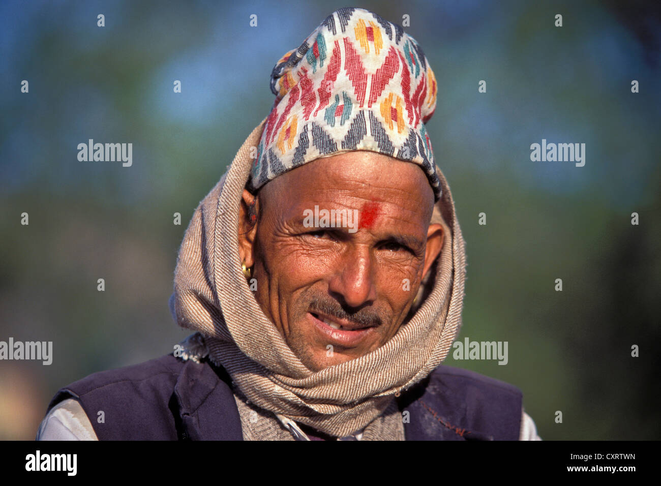 Nepali man with a bindi on his forehead, portrait, Hindu, Kumbh or ...