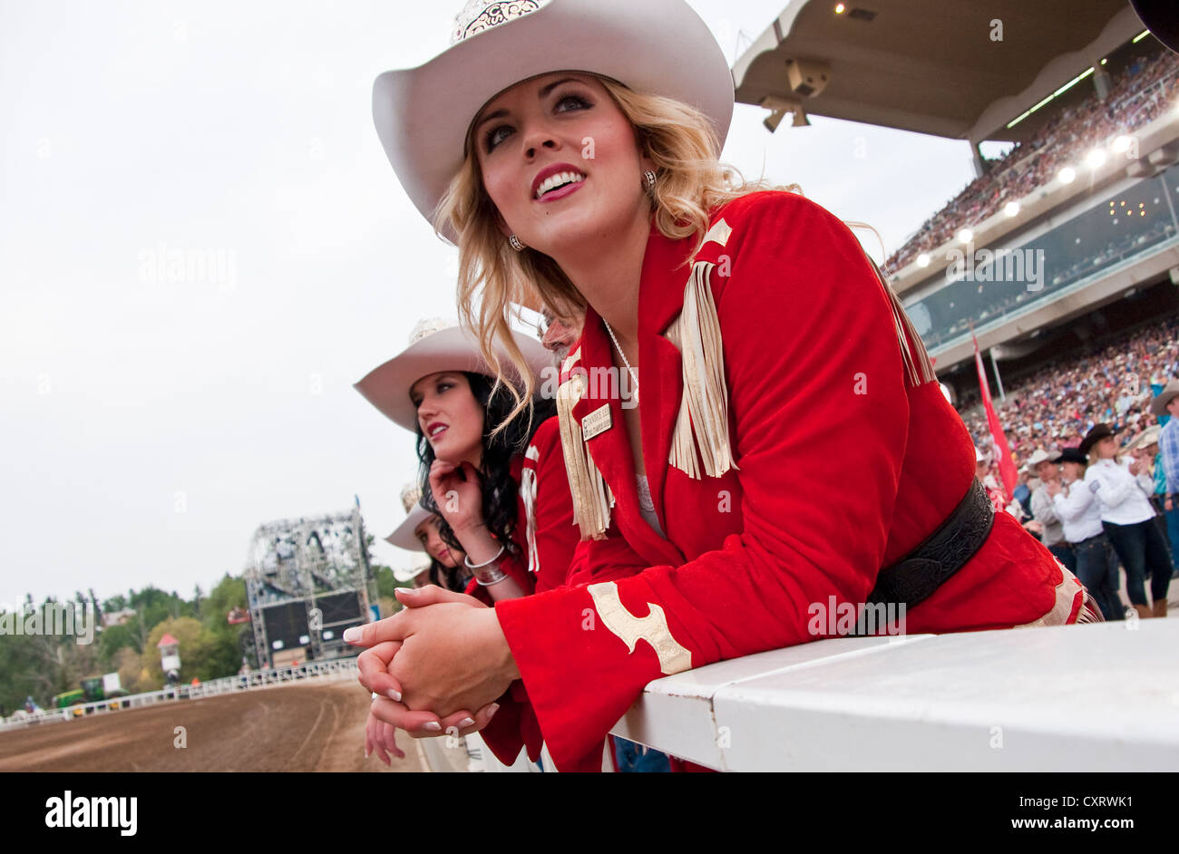 Queen of the Calgary Stampede 2012, Candace Lee, watching Chuckwagon ...