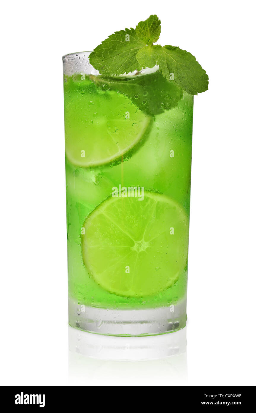 Drink with lime, ice and mint isolated on white background Stock Photo ...