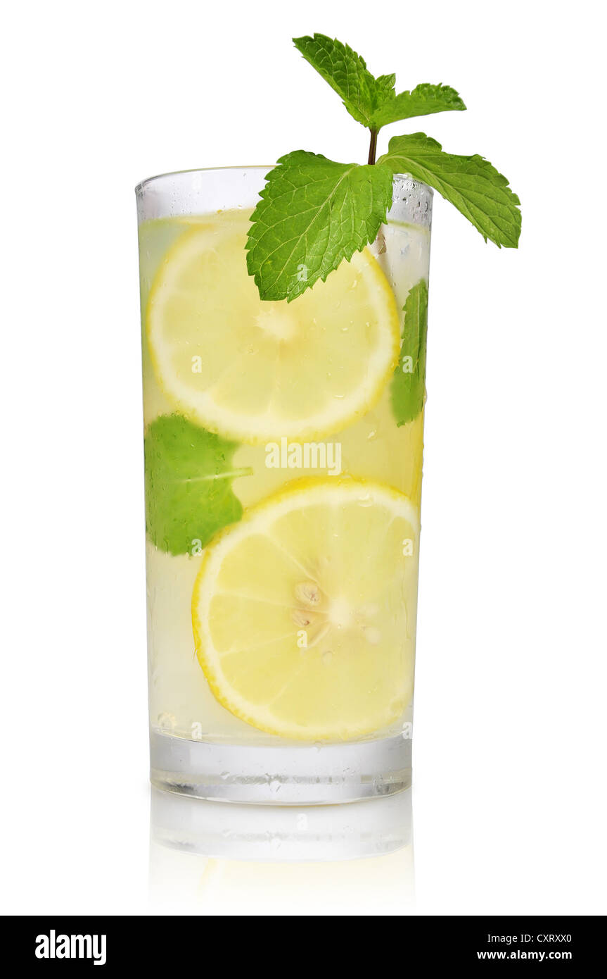 Drink with lemon, ice and mint isolated on white background Stock Photo ...
