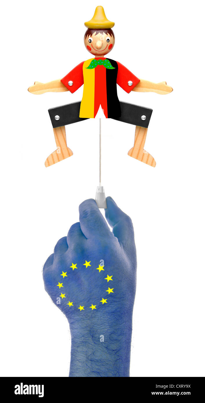 Hand with European stars pulling the rope of a jumping jack in German ...