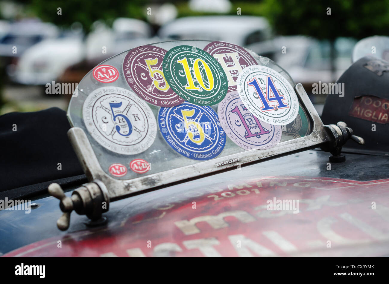 Windshield of a historic race car with stickers, Oldtimer Grand Prix ...