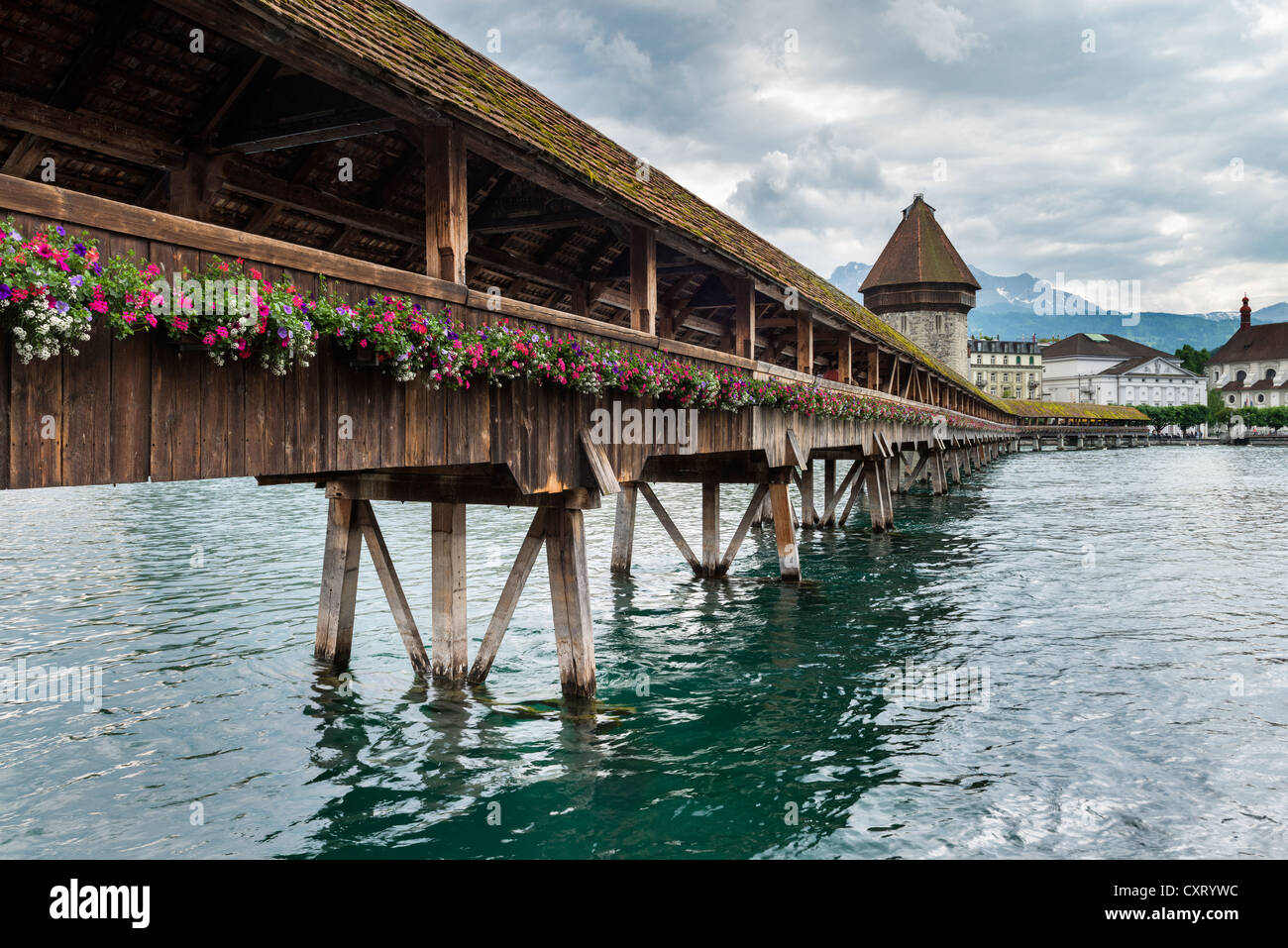 Historic Kapellbruecke bridge and the water tower in the historic ...