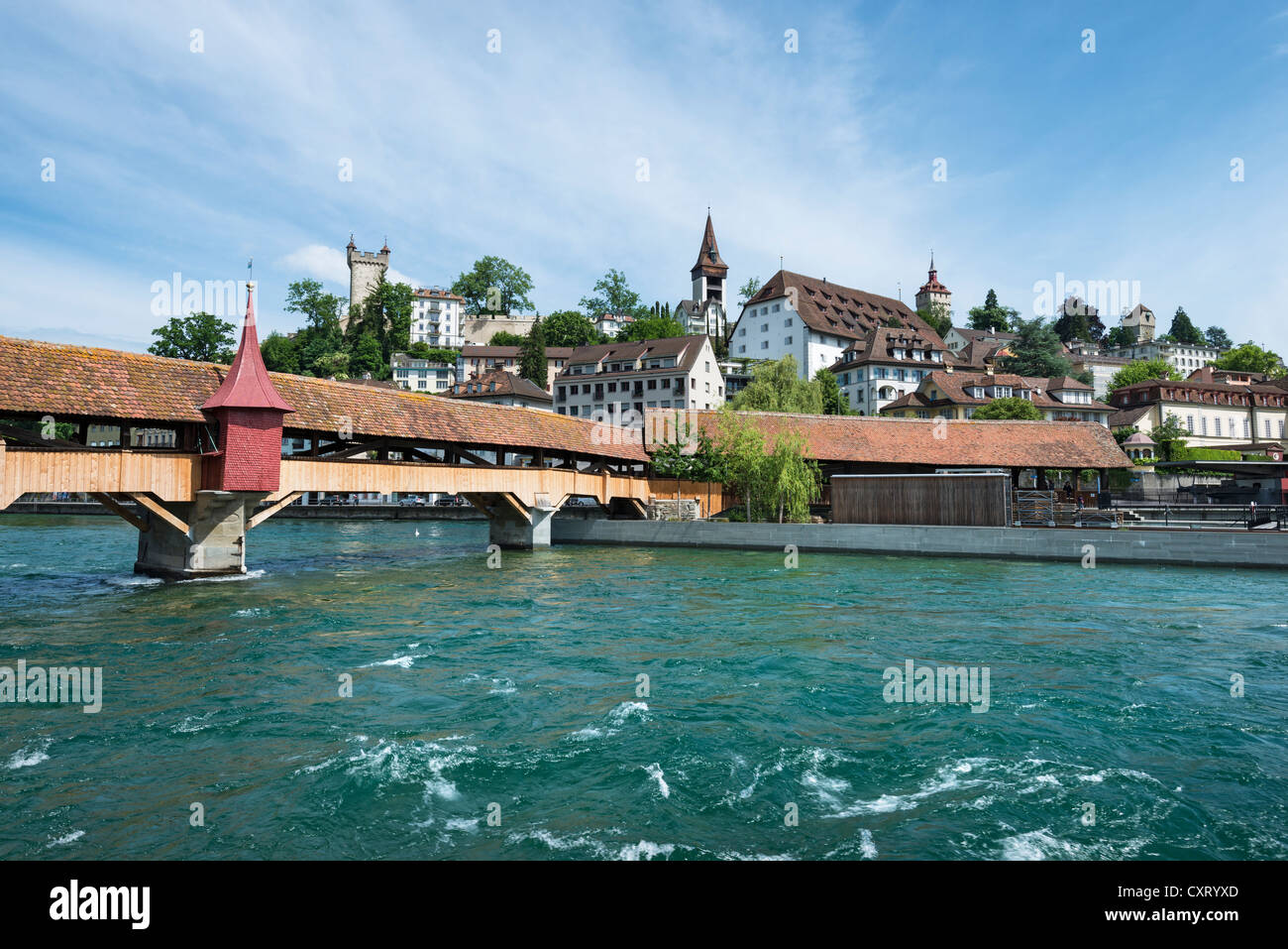 Spreuerbruecke bridge across the Reuss river, leading to the historic ...