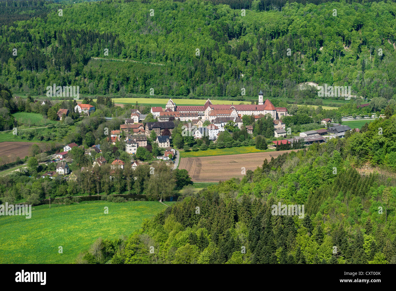 View of the town of Beuron and the Benedictine monastery, upper Danube ...