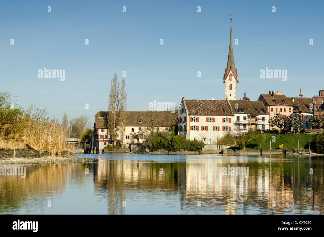 View as seen from Werd island across the Rhine river with the historic ...
