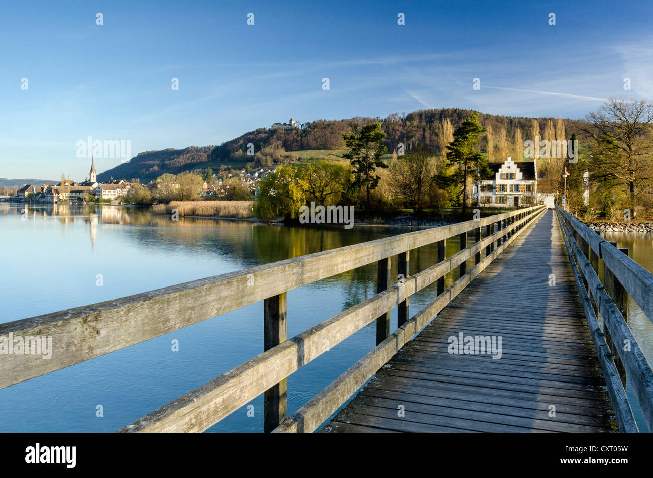 Wooden bridge across the Rhine river leading to Werd island, the ...
