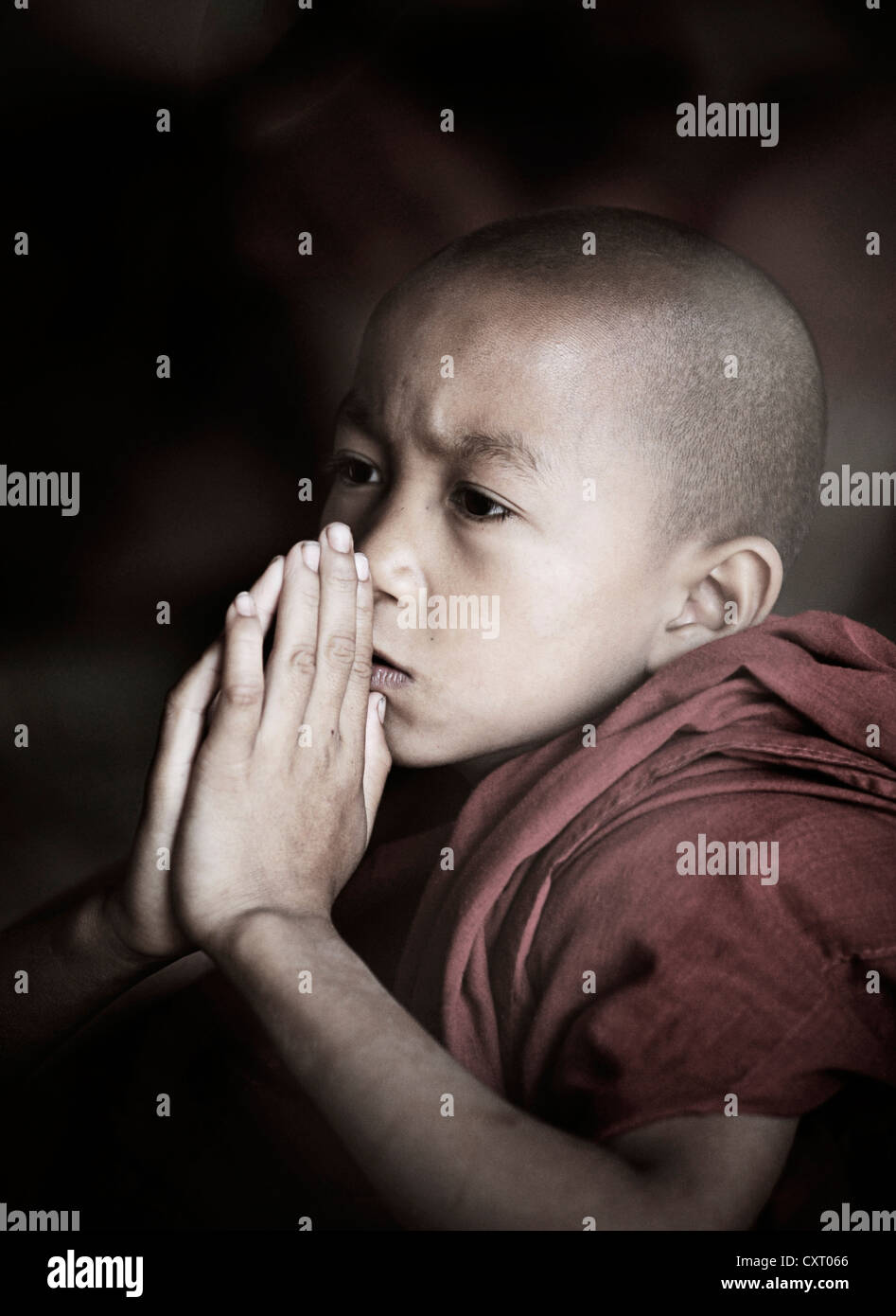 Buddhist novice praying, Bagan, Burma, Myanmar, Southeast Asia, Asia ...