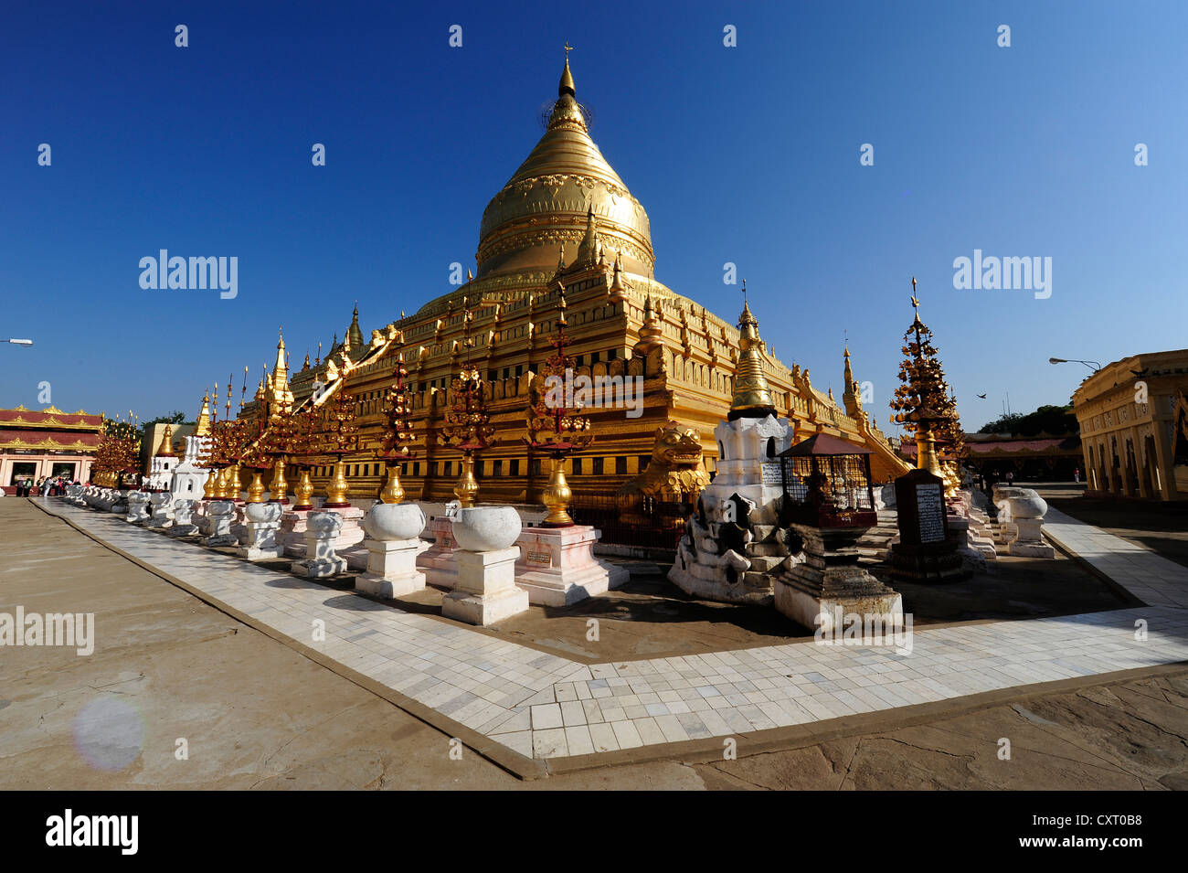 The golden Shwezigon Pagoda, most famous temple in Bagan, Myanmar ...