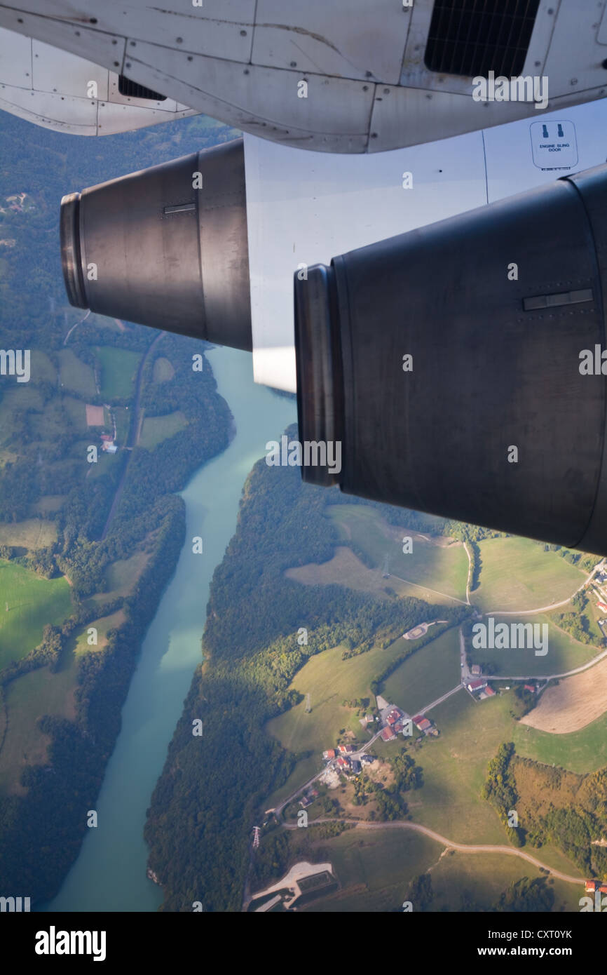 Jet engines on an Avro RJ100 over the River Rhone on the approach to ...