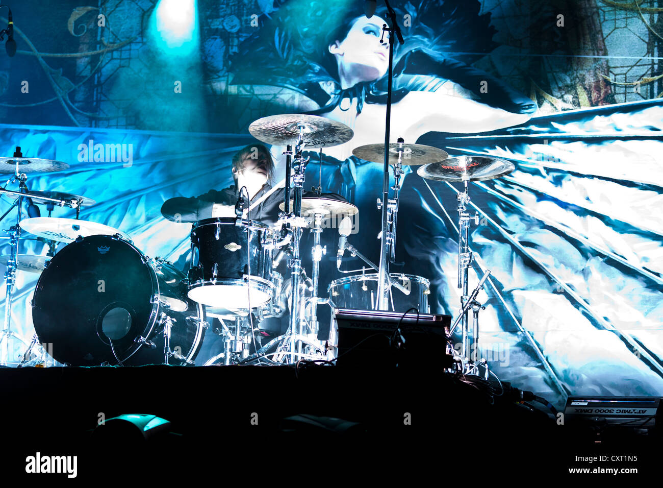 Mikko Sirén, drummer of the Finnish band "Apocalyptica" playing live at ...
