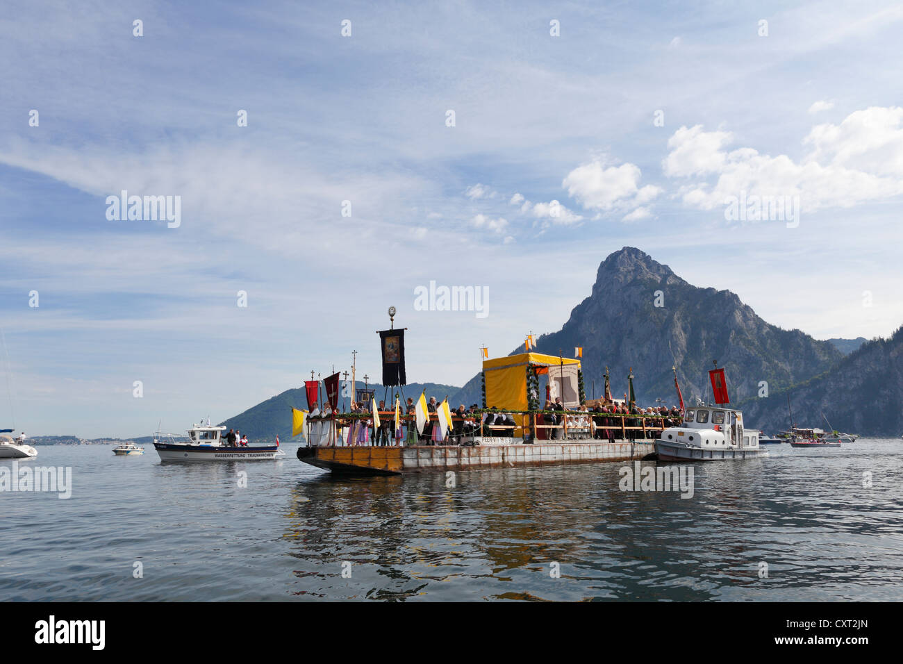 Corpus Christi procession on Traunsee lake, Traunkirchen, Mt Traunstein ...